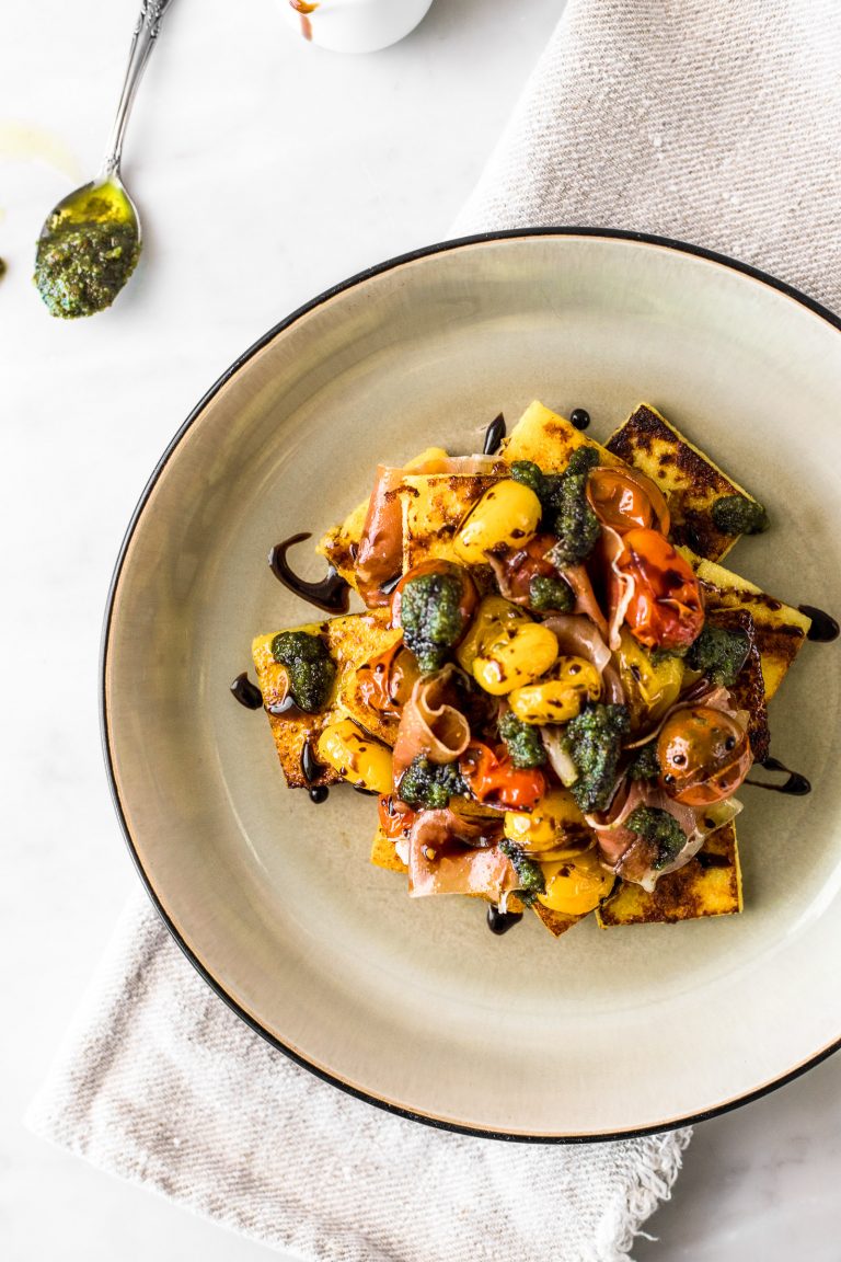 Pan fried polenta salad with pesto and cherry tomatoes | Cravings Journal