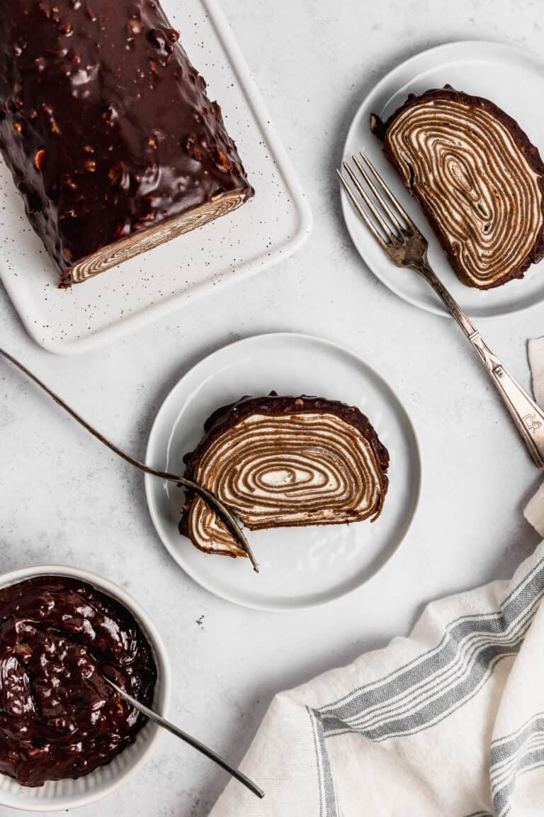 Chocolate Crepe Roll Cake Covered in Ganache | Cravings Journal